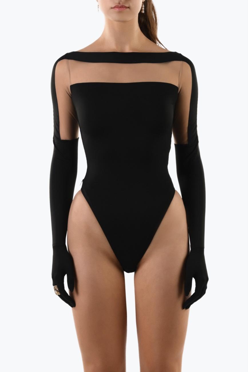 Black mesh cutout bodysuit with gloves – Room 24
